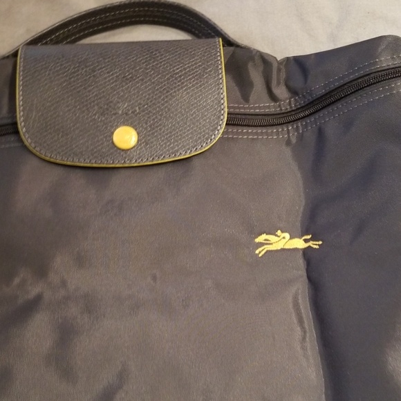 Longchamp | Bags | Longchamp Le Pliage Grey With Yellow Logo Satchel ...